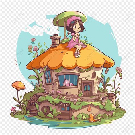 Magandang Clipart Cute Na Batang Babae Na Nakaupo Sa Bubong Ng Isang