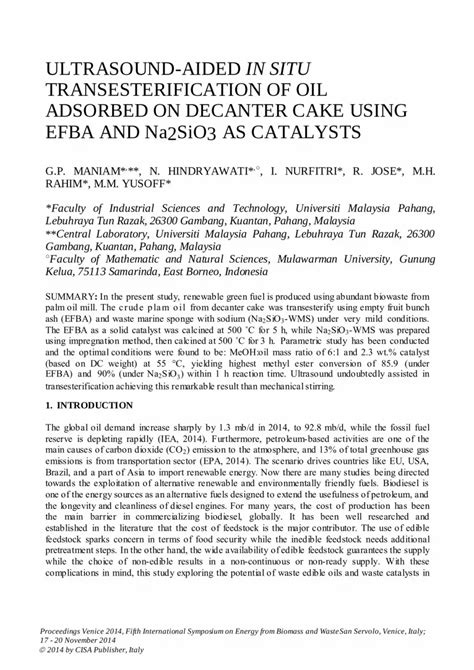 Pdf Ultrasound Aided In Situ Transesterification Of Oil Adsorbed On Decanter Cake Using Efba