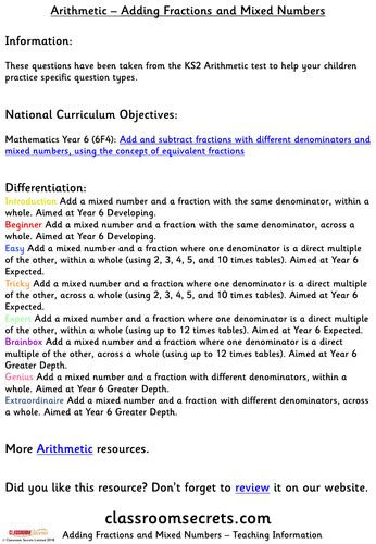 Ks2 Adding Fractions And Mixed Numbers Arithmetic Sats Questions By Classroom Secrets Teaching