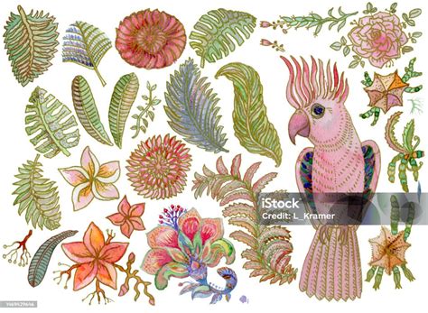 수채화로 그린 열대 꽃 야자수 잎 흰색 배경에 격리된 판타지 앵무새 꽃무늬에 대한 스톡 벡터 아트 및 기타 이미지 꽃무늬 호주앵무새 0명 Istock
