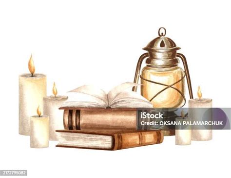 촛불과 빈티지 랜턴이 있는 책 교과서로 작곡 손으로 그린 수채화 그림이 분리되어 있습니다 교육 및 지식 개념입니다 스티커 서점 카드 웹사이트 인쇄에 대한 클립아트 과학에