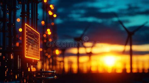 Digital Twin Of Wind Power Plant With Data Visualization At Sunset Showcasing Renewable Energy