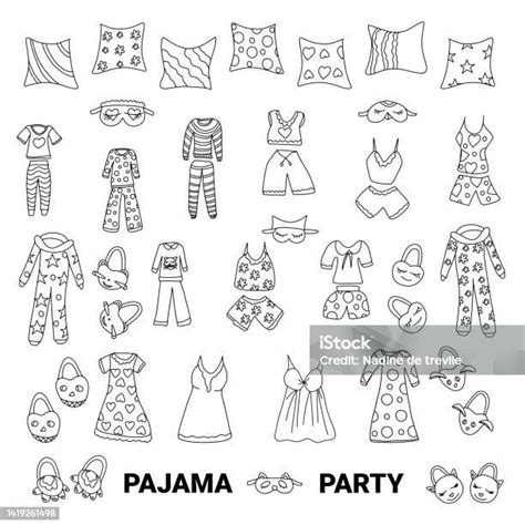 파자마 파티와 어린이 침실 디자인을위한 낙서 스타일의 그림 세트 아이들을위한 템플릿 잠자는 파티 낙서 스타일로 손으로 그린