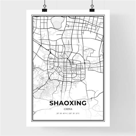 Shaoxing China Map Black And White Art Print Hebstreit