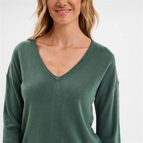 Pull Col En V Manches Longues Vert Femme La Halle
