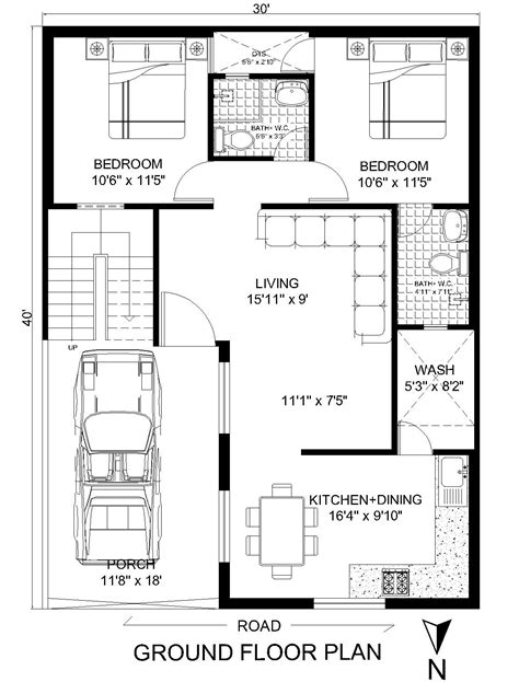 30×40 House Plan 2 Bhk With Car Parking 1200 Sq Ft Architego