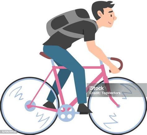 자전거를 타고 있는 청년 자전거배낭을 들고 있는 남자의 사이드 뷰 활동적인 건강한 라이프스타일 컨셉 만화 스타일 벡터 일러스트