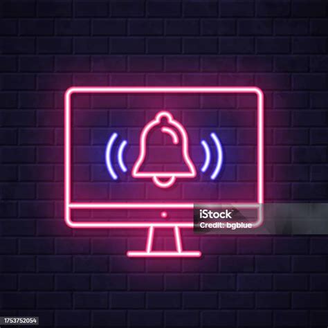 벨이 울리는 데스크탑 컴퓨터 알림 벽돌 벽 배경에 빛나는 네온 아이콘 알림 아이콘에 대한 스톡 벡터 아트 및 기타 이미지 알림 아이콘 데스크탑 컴퓨터 벨 Istock