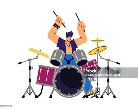록 밴드 드러머의 벡터 격리된 그림은 흰색 배경에 불균형한 문자로 드럼을 연주한다 드럼 연주자에 대한 스톡 벡터 아트 및 기타 이미지 드럼 연주자 Performing