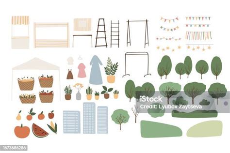 여름 시장 일러스트레이션 박람회 장비 벡터 클립 아트 공원 클립 아트 축제 플랫 스타일 이미지 깃발 식료품 텐트 옷 옷걸이 화환 야채 차양 키오스크 식물 세트 갈란드