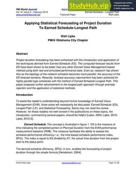 Applying Statistical Forecasting Of Project Duration To Earned Schedule Longest Path Pdf