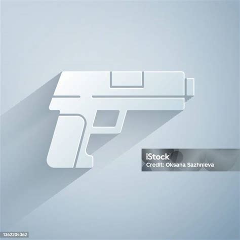 회색 배경에 격리 된 종이 절단 권총 또는 총 아이콘 경찰 또는 군용 권총 작은 총기 종이 아트 스타일 벡터 3차원 형태에 대한 스톡 벡터 아트 및 기타 이미지 Istock