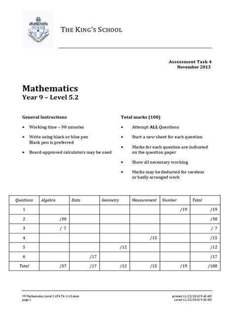 Kings 2013 Year 9 Maths Yearly And Solutions Pdf Mathematics