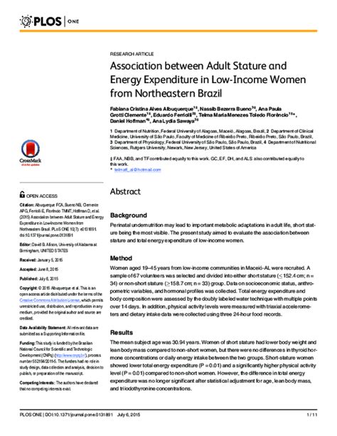 Pdf Association Between Adult Stature And Energy Expenditure In Low Income Women From