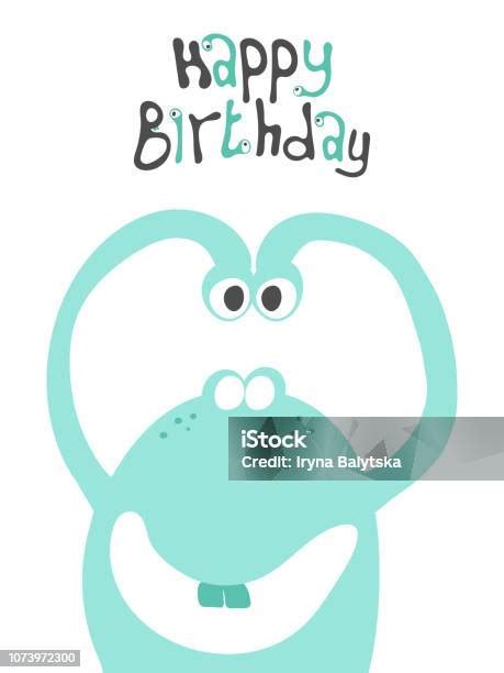 귀여운 녹색 괴물 손으로 그린 어린이 일러스트 벡터 아기 아이 T셔츠 인쇄 그래픽입니다 레터링포스터 생일 편지와 눈 영감