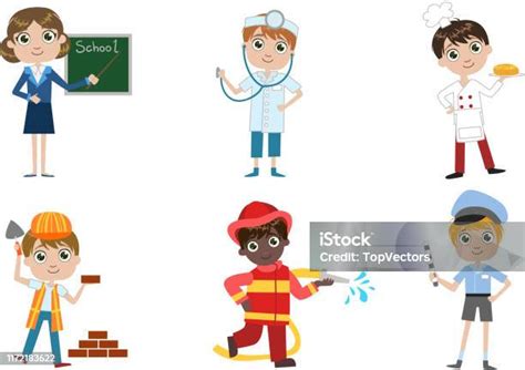 다른 직업 세트의 아이 교사 의사 쿡 빌더 소방관 교통 컨트롤러 벡터 일러스트 개체 그룹에 대한 스톡 벡터 아트 및 기타 이미지