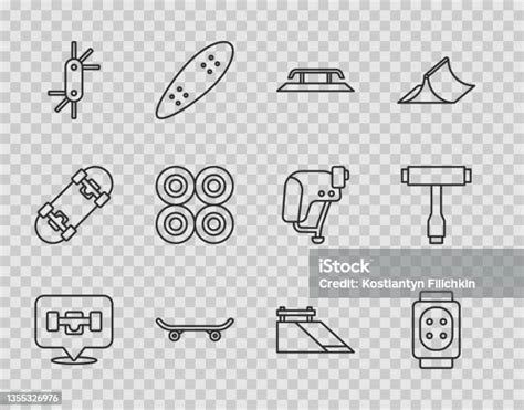 세트 라인 스케이트 보드 휠 무릎 패드 레일 계단 도구 알렌 키 공원 및 도구 아이콘 벡터 거리에 대한 스톡 벡터 아트 및 기타 이미지 Istock