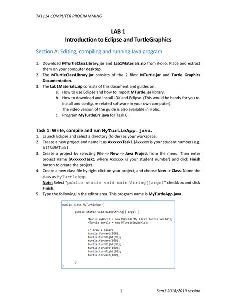 Lab1 Introduction To Eclipse And Turtle Graphic Tk1114 Computer