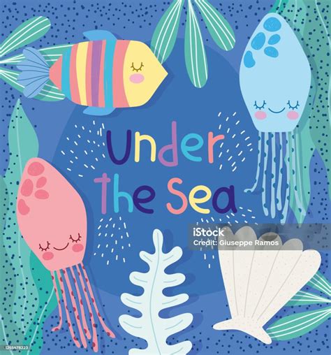 바다 아래 해파리 해초 조개 물고기 넓은 해양 생물 풍경 만화 바다에 대한 스톡 벡터 아트 및 기타 이미지 바다 아래