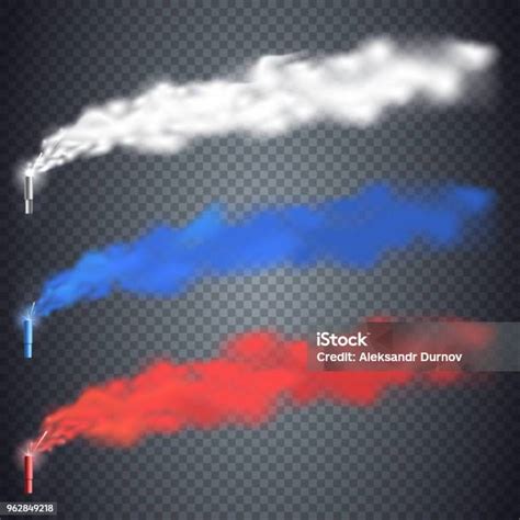 축구 팬 들 러시아 색상에서 불꽃놀이 토치 빨간색 파란색 흰색 투명 한 배경에 고립 된 연기의 기둥 다채로운 축제 연기