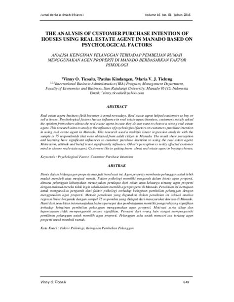 Pdf The Analysis Of Customer Purchase Intention Of Houses Using Real Estate Agent In Manado