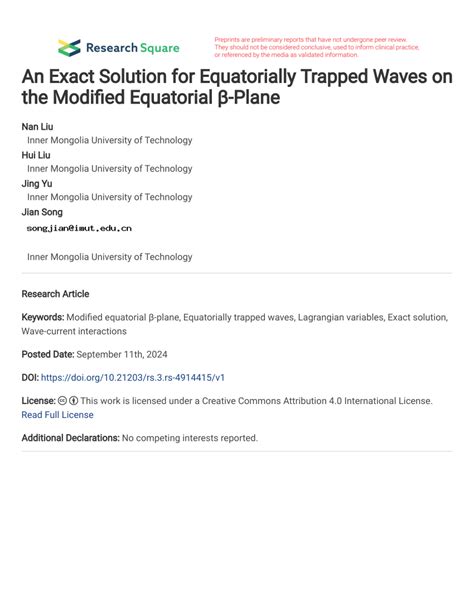 Pdf An Exact Solution For Equatorially Trapped Waves On The Modified Equatorial β Plane