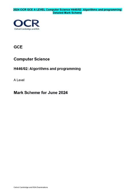 2024 Ocr Gce A Level Computer Science H44602 Algorithms And Programming Detailed Mark Scheme
