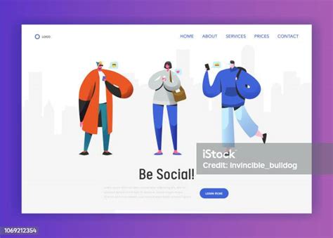 소셜 네트워크 방문 페이지 템플릿입니다 젊은 사람들은 웹사이트 또는 웹 페이지를 사용 하 여 스마트폰 채팅 문자 가상 통신 개념입니다 벡터 일러스트 레이 션 Brand