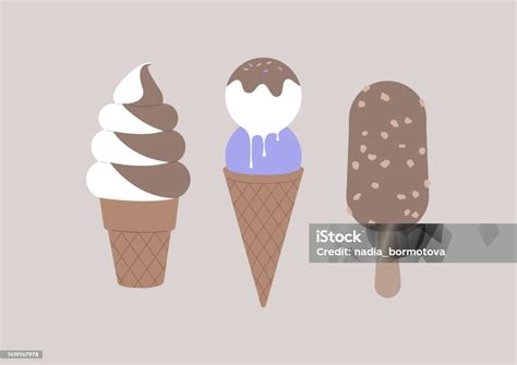 와플 콘에 젤라토를 녹이는 세 가지 아이스크림 세트 바닐라와 초콜릿의 부드러운 혼합 맛 견과류로 코팅 된 팝시클 아이스크림에 대한 스톡 벡터 아트 및 기타 이미지 Istock