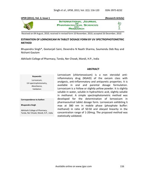 Pdf Estimation Of Lornoxicam In Tablet Dosage Form By Uv Spectrophotometric Method