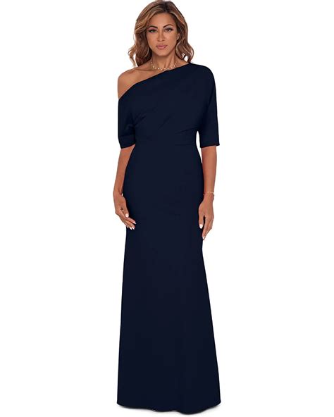 Betsy And Adam Long Scuba Crepe Over The Shoulder Gown Mother Of The Bride Dresses Long Gowns