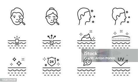 페이스 스킨 케어 세트 라인 아이콘 여드름 블랙 헤드 피부에 미생물 Uv의 보호 크림 선형 픽토그램 남자와 여자 뷰티 스킨 케어