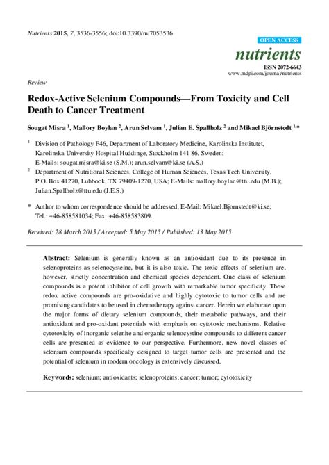 Pdf Redox Active Selenium Compounds—from Toxicity And Cell Death To
