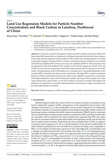 Pdf Land Use Regression Models For Particle Number Concentration And Black Carbon In Lanzhou