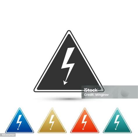 높은 전압 기호 아이콘 흰색 배경에 고립입니다 위험 기호입니다 삼각형에 화살표입니다 경고 아이콘입니다 컬러 아이콘에 요소를 설정