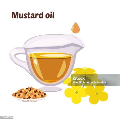 둥근 병에 겨자 기름 천연 야채 천연 유기농 건강에 좋은 오일의 투명한 식용 액체 모든 웹 디자인에 대한 만화 플랫 스타일