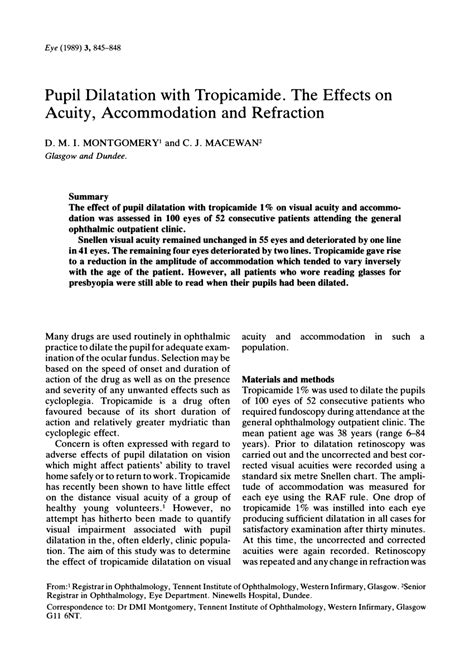 Pdf Pupil Dilation With Tropicamide The Effects Of Acuity Accommodation And Refraction