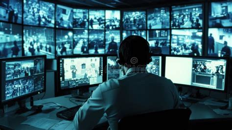 Surveillance Room With Multiple Monitors Displays Live Security Feeds And A Person Monitoring