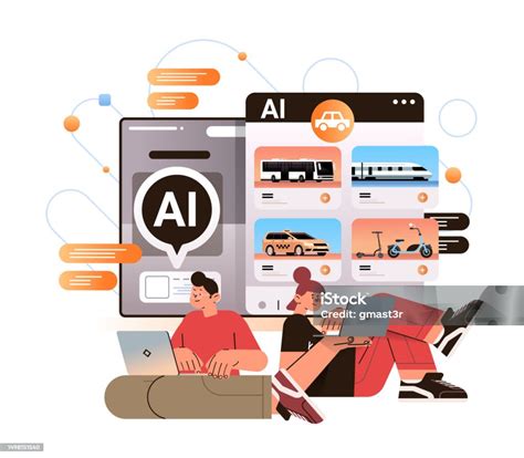 Ai 도우미 봇 교통 보조 인공 지능을 사용하여 컴퓨터 앱에서 여행을 위한 교통 수단을 선택하는 사람들 개념에 대한 스톡 벡터 아트 및 기타 이미지 Istock