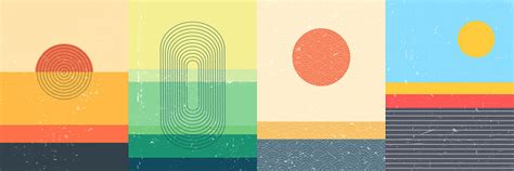 벡터 그림입니다 중반 세기 현대 그래픽 그런지 텍스처 미니멀 한 풍경 세트 추상 적인 모양입니다 포스터 책 표지 브로셔 잡지
