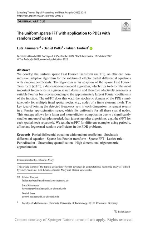 pdf the uniform sparse fft with application to pdes with random