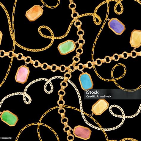 황금 체인과 보석 요소 완벽 한 패턴입니다 럭셔리 패션 직물 디자인 인쇄 골드 체인과 보석 배경 벽지 벡터 일러스트 레이 션 0