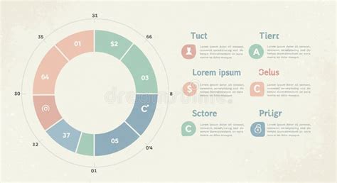 Circular Infographic Featuring A Segmented Donut Chart With Six Colored Sections Stock