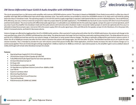 3W Stereo Differential Input CLASS D Audio Amplifier With UP DOWN Volume Electronics Lab Com