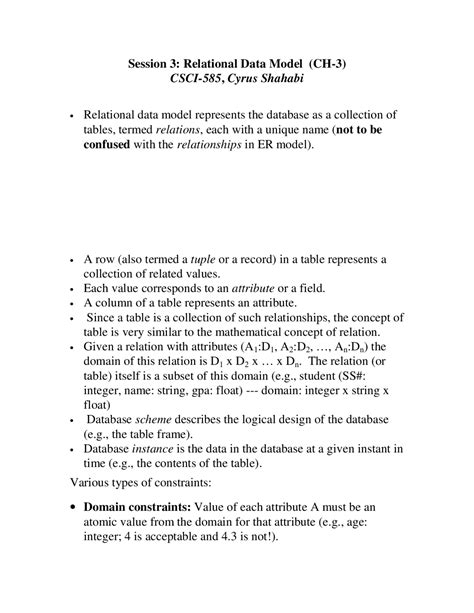 Relational Data Model Domain Constraints Database Systems Csci 585 Docsity