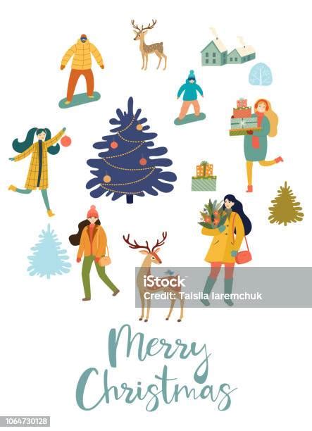 크리스마스와 새 해의 포스터 또는 사람들과 카드 벡터 복고풍 스타일 그림입니다 겨울에 대한 스톡 벡터 아트 및 기타 이미지