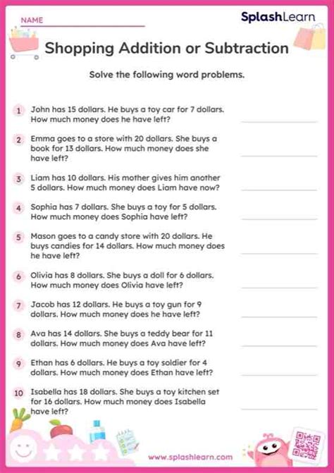 Add Or Subtract Within 20 Shopping Word Problems Worksheet