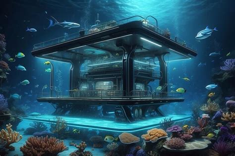 Premium Ai Image Aquatic Workshop Symbiosis Of Bioluminescent Machinery And Oceanic Currents