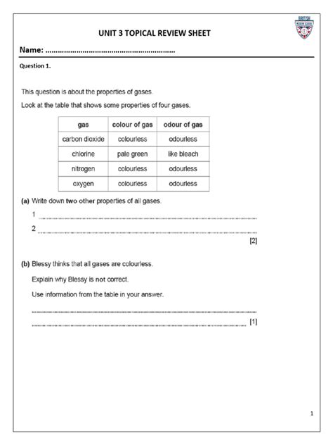 Unit 3 Topical Review Sheet Model Answer Pdf Water Liquids