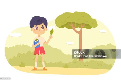 소년 학교 학생은 자연 벡터 삽화를 공부하기 위해 책과 나무의 녹색 잎을 손에 들고 있습니다 만화 고립 귀여운 똑똑한 아이 학습 식물학과 생물학 과학자 캐릭터 행성 관찰